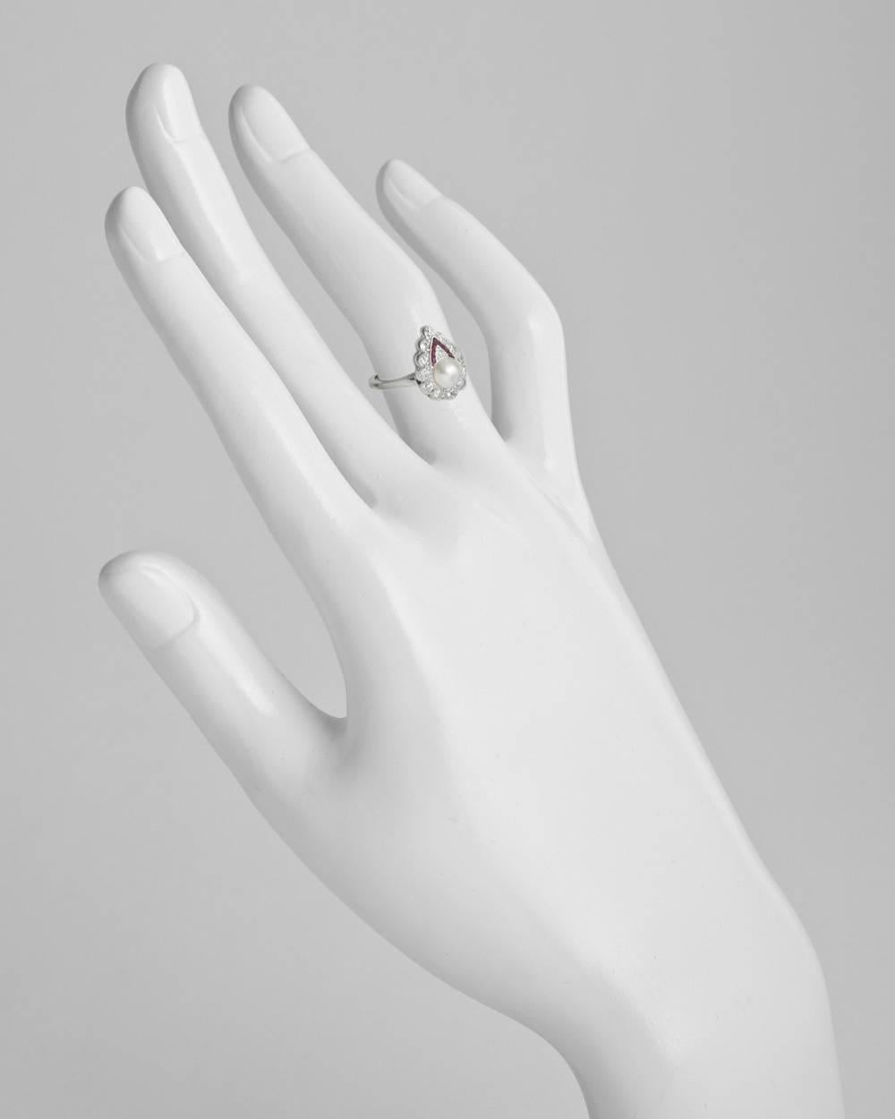 Antique Pearl Ruby Diamond Gold Cluster Ring at 1stDibs