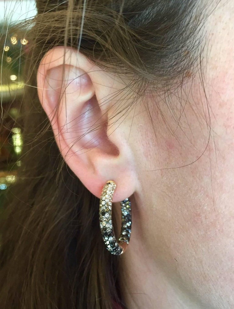 Pavé Multicolored Diamond Pink Gold Hoop Earrings at 1stDibs