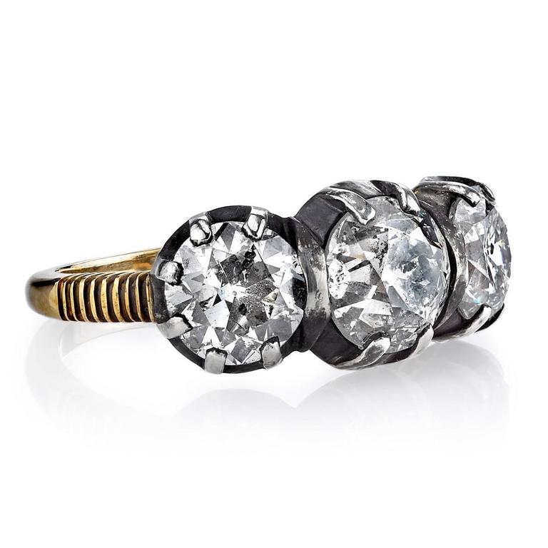 Georgian Style Three Stone Diamond Silver Gold Ring at 1stDibs