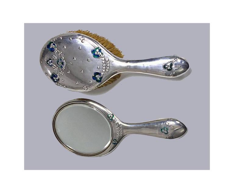 1906 Liberty Enamel Silver Mirror and Brush designed by Jessie M. King ...