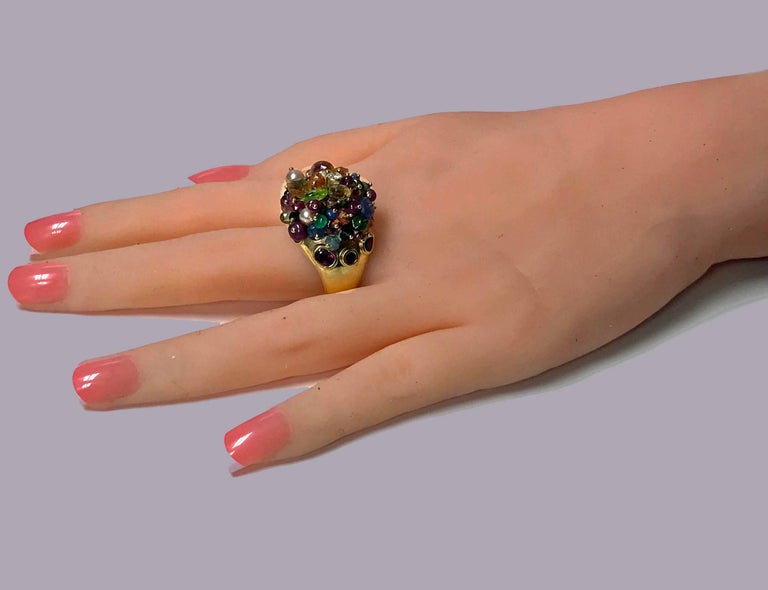 Large 1950s French 18 Karat Tutti Frutti Dome Cocktail Ring at 1stDibs