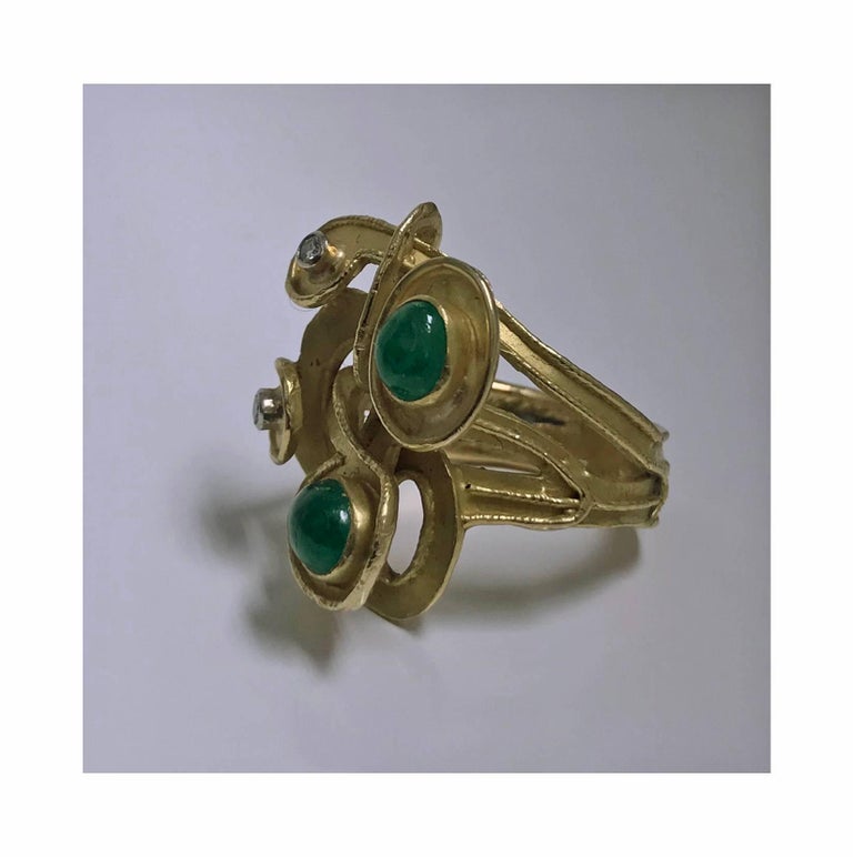 Emerald Diamond Gold Abstract Ring For Sale at 1stDibs