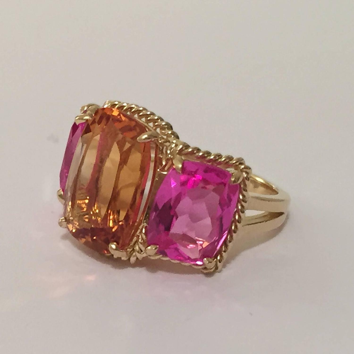 Citrine pink topaz gold Three Stone Ring with Rope Twist Border For ...