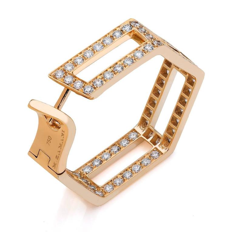 Hexagon shape diamond gold hoop earrings For Sale at 1stDibs