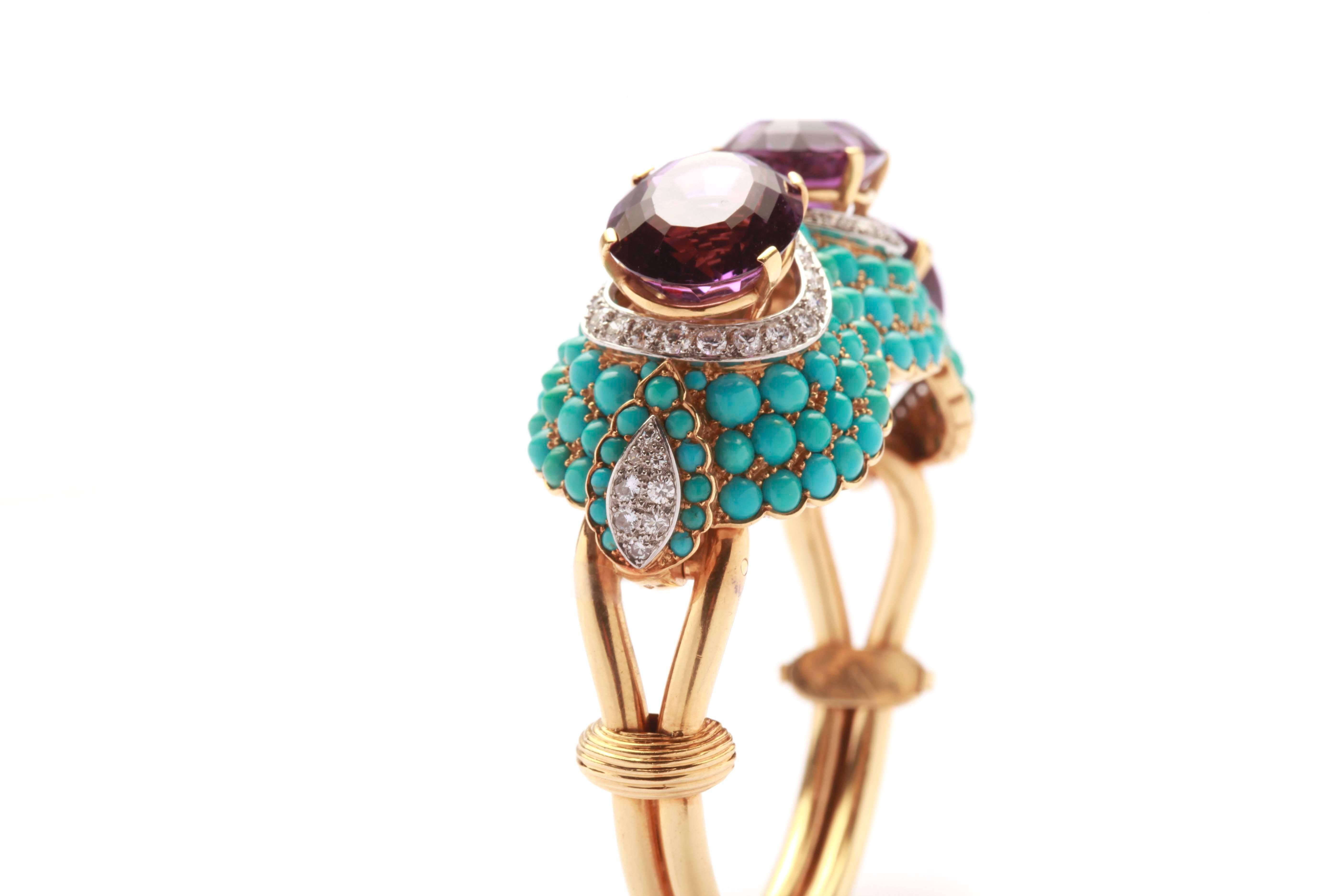 Sublime French Retro Amethyst Turquoise Diamond Gold Bracelet For Sale ...