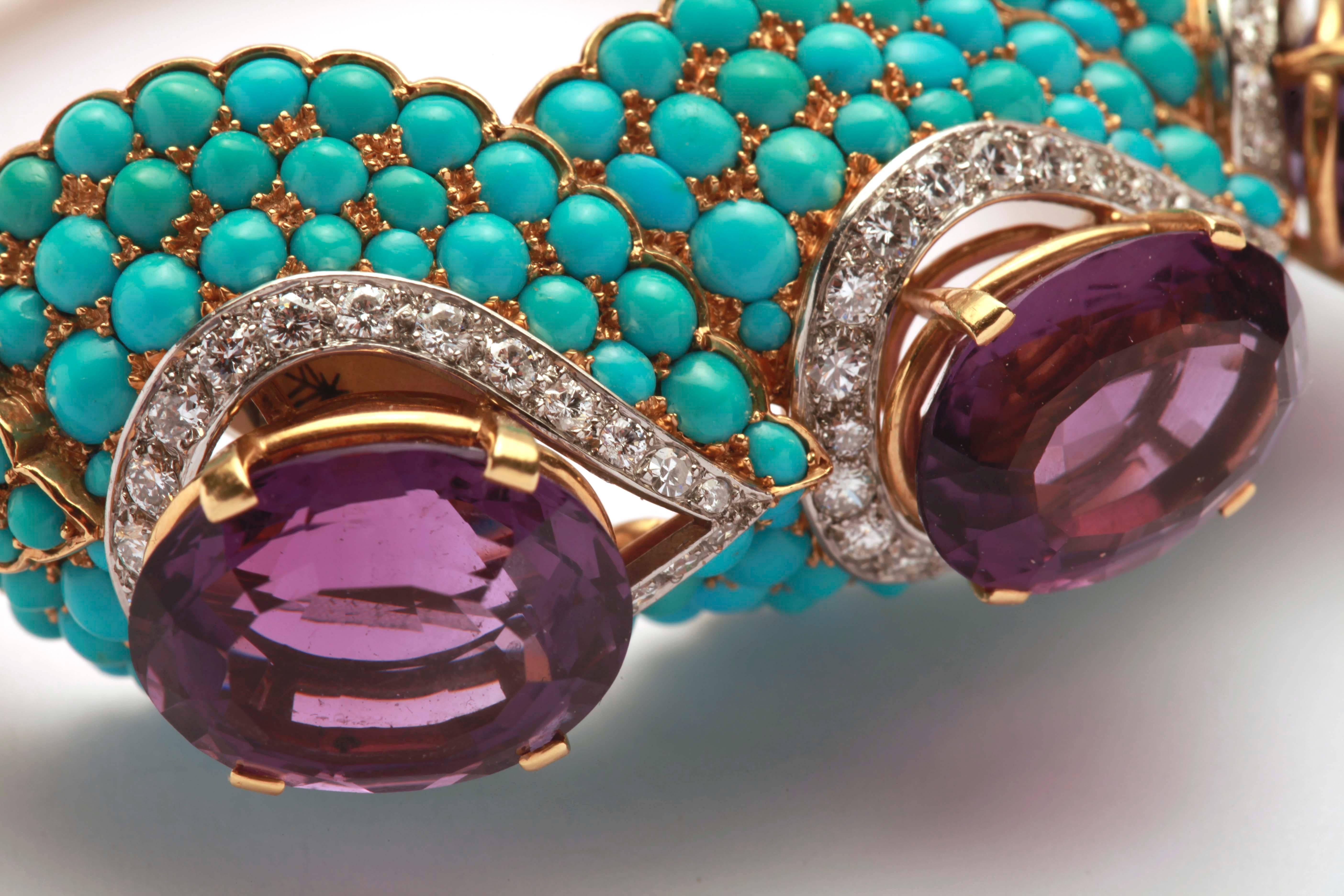 Sublime French Retro Amethyst Turquoise Diamond Gold Bracelet For Sale ...