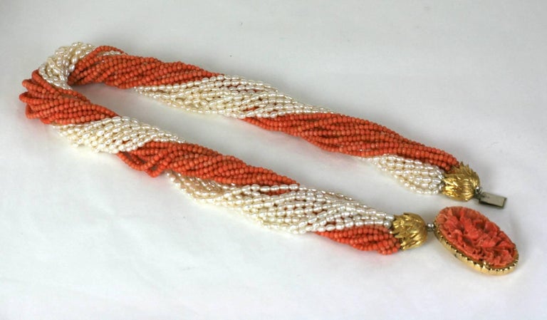 Carved Coral and Pearl Torsade Necklace at 1stDibs | torsade sale