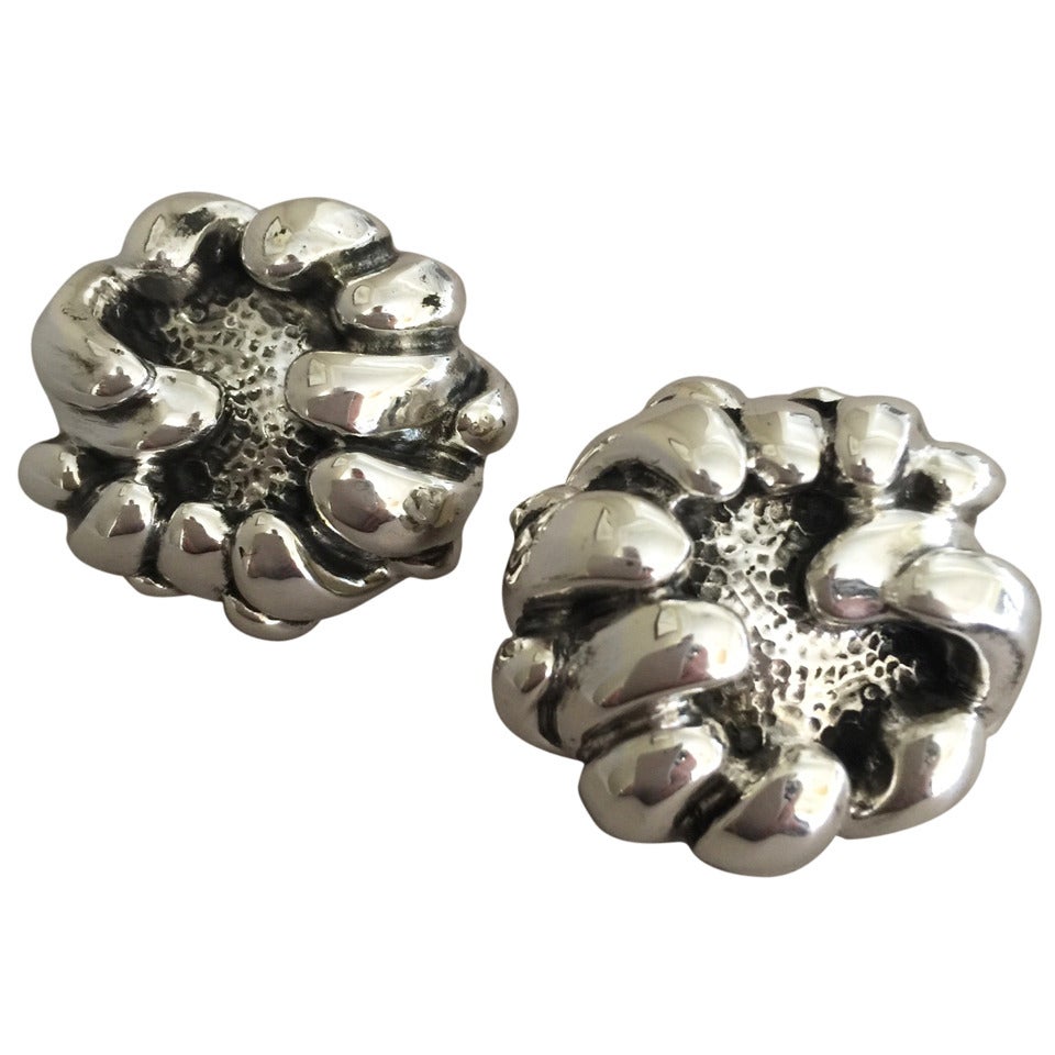 Sterling Silver Repousse Peony Earrings By Galmer at 1stDibs