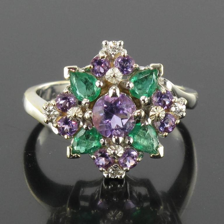 1970s Emerald Amethyst Diamond White Gold Ring at 1stDibs