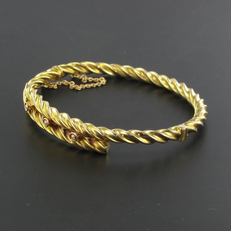 Antique Twisted Gold and Fine Pearl Bangle Bracelet at 1stDibs ...