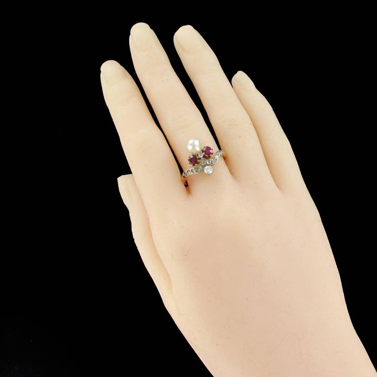 French Napoleon III Natural Pearl Ruby Diamond Duchess Ring For Sale at ...