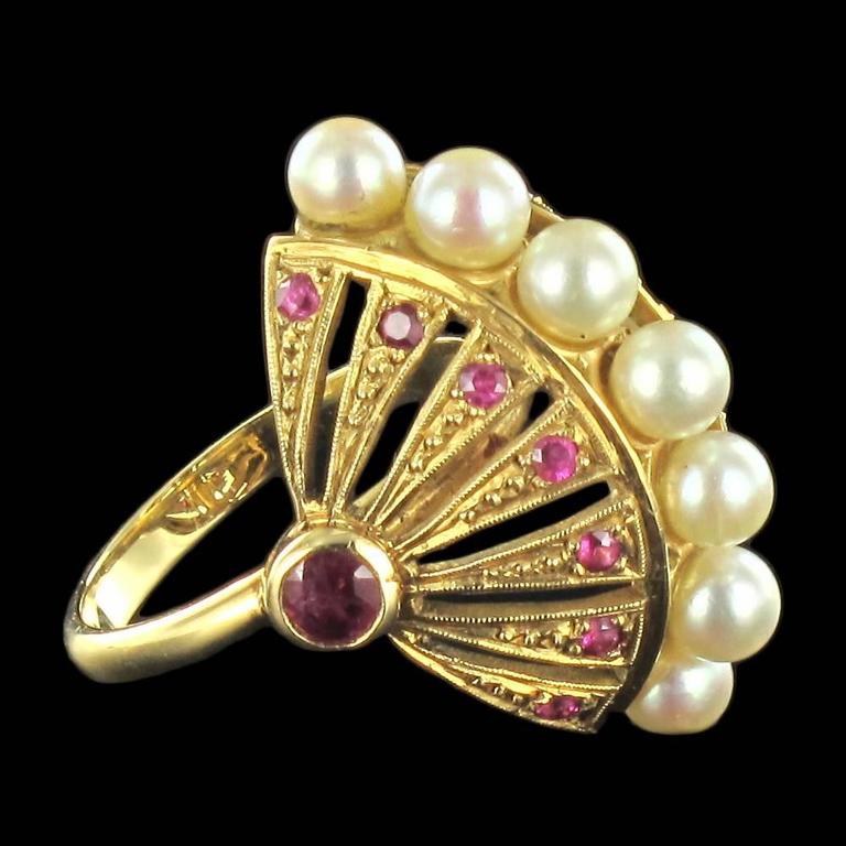 Ruby Pearl Gold Domed Ring at 1stDibs