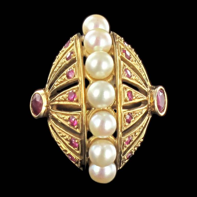 Ruby Pearl Gold Domed Ring at 1stDibs