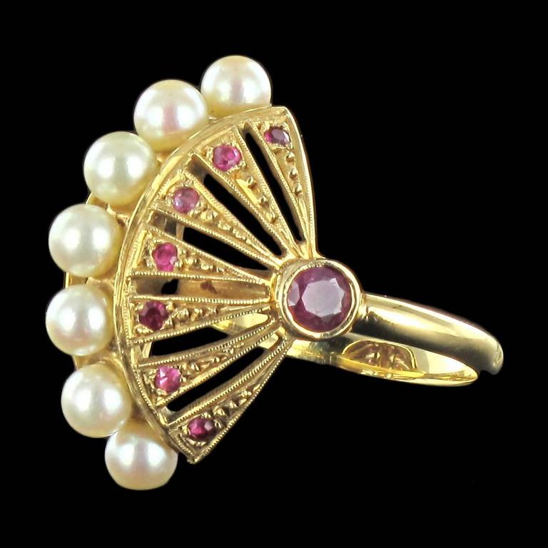 Ruby Pearl Gold Domed Ring at 1stDibs