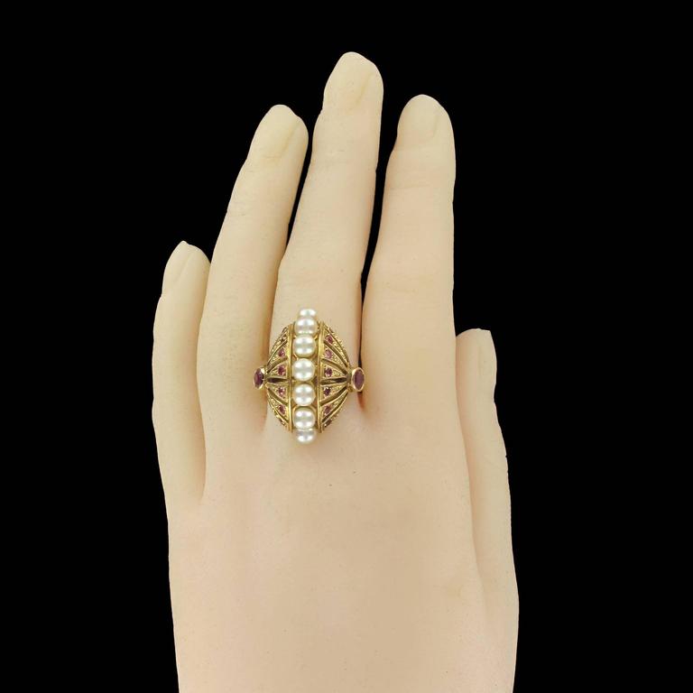 Ruby Pearl Gold Domed Ring at 1stDibs