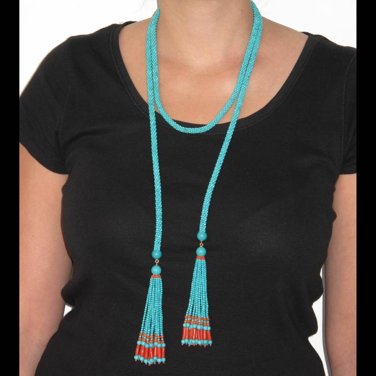 French Turquoise Coral Sautoir Necklace at 1stDibs
