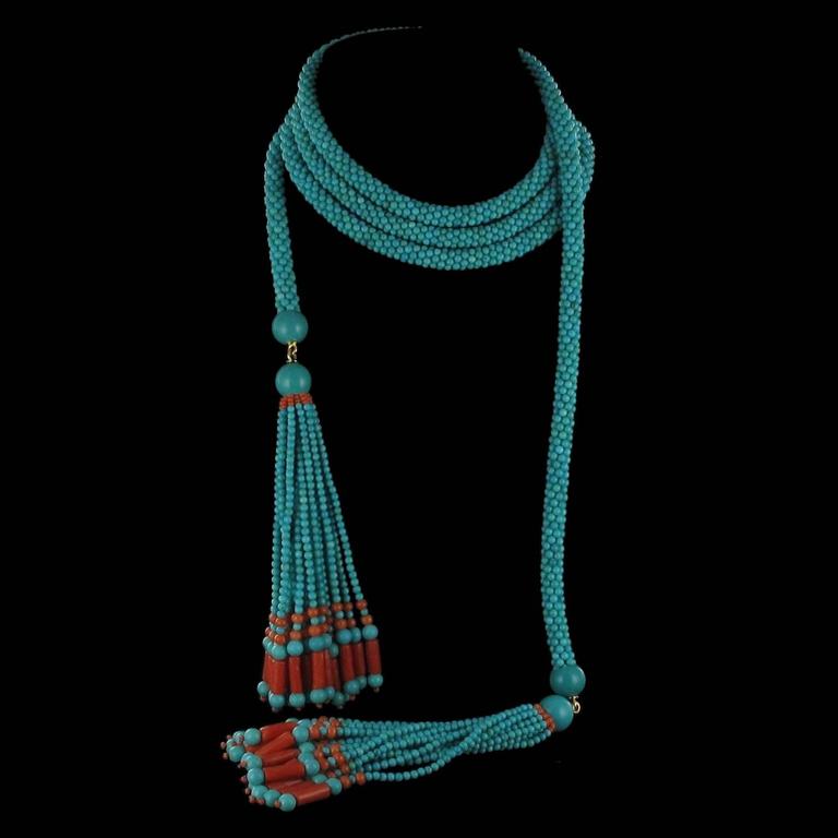 French Turquoise Coral Sautoir Necklace at 1stDibs