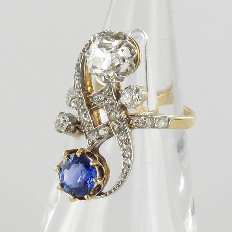 French Antique Napoleon III Sapphire Diamond Gold Platinum Engagement ...