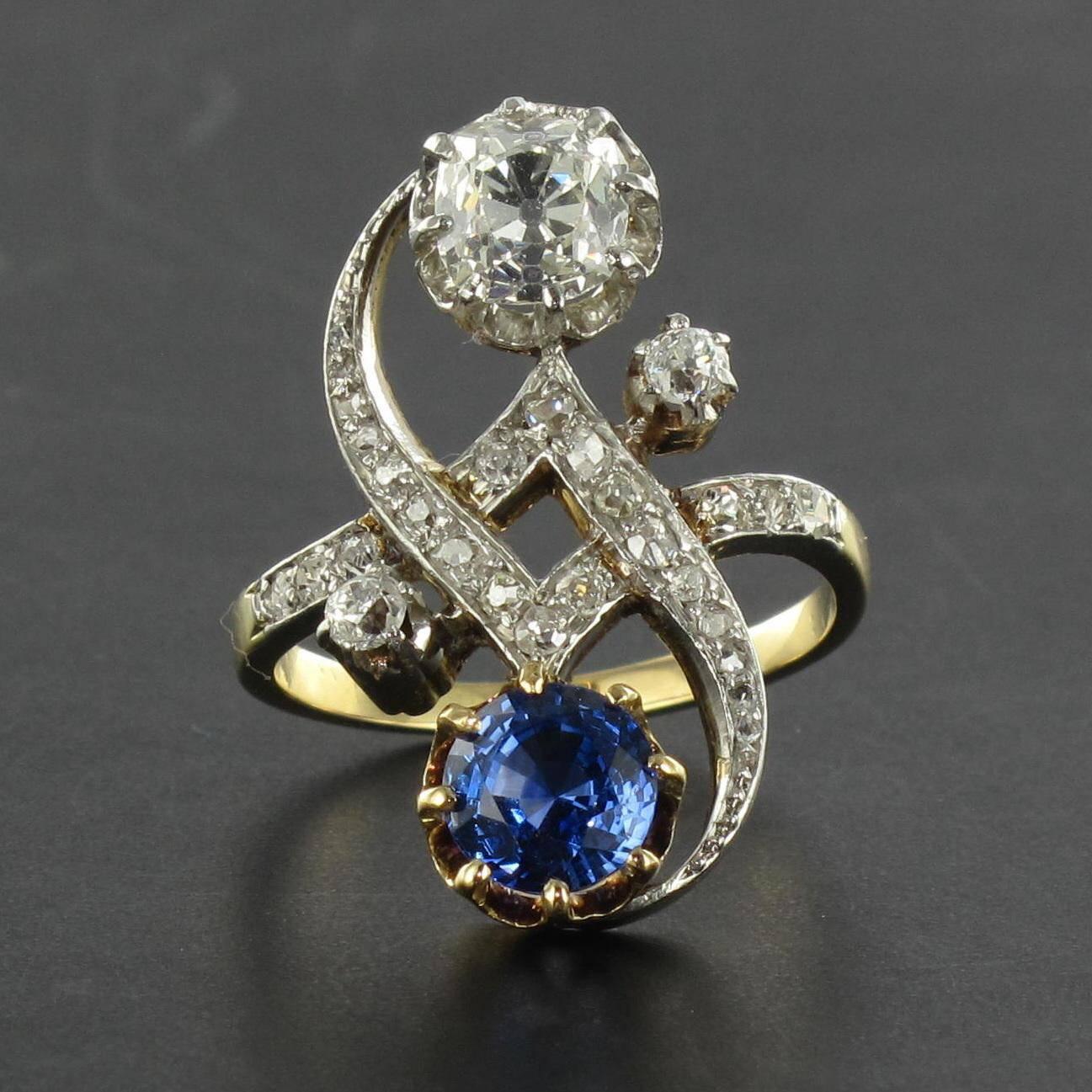 French Antique Napoleon III Sapphire Diamond Gold Platinum Engagement ...
