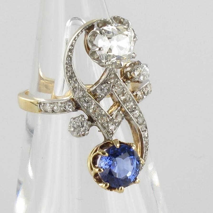 French Antique Napoleon III Sapphire Diamond Gold Platinum Engagement ...