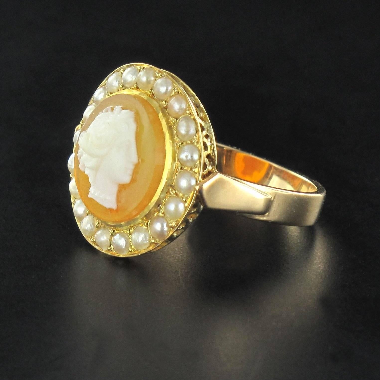 Authentic French Cameo Ring With a Surround of Fine Pearls at 1stDibs