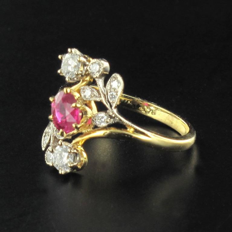 French Floral Design Ruby Diamond Gold Ring at 1stDibs | french gold ...