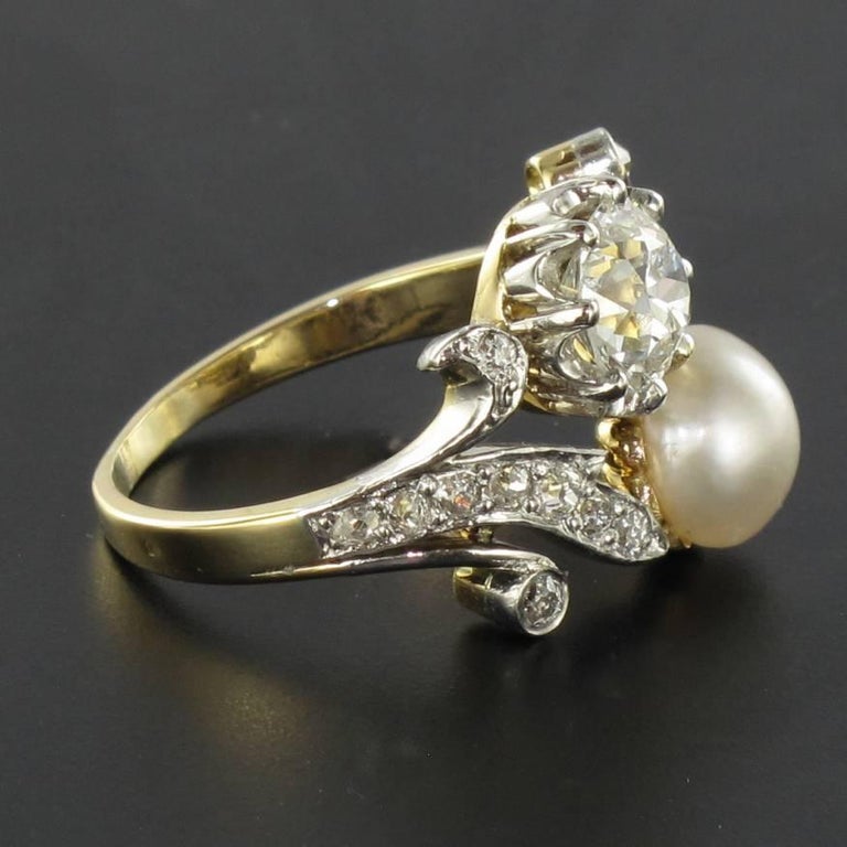 19th Century Napoleon 3 Diamond Natural Pearl You and Me Engagement ...