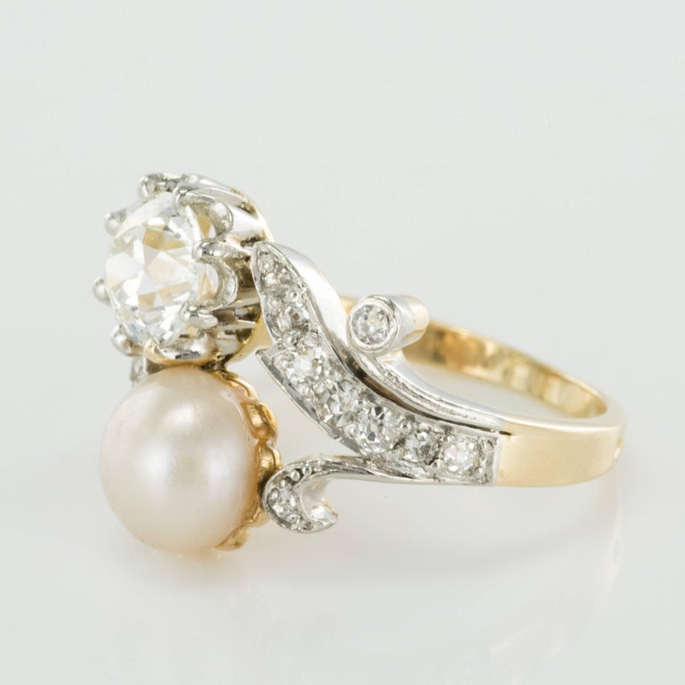 19th Century Napoleon 3 Diamond Natural Pearl You and Me Engagement ...