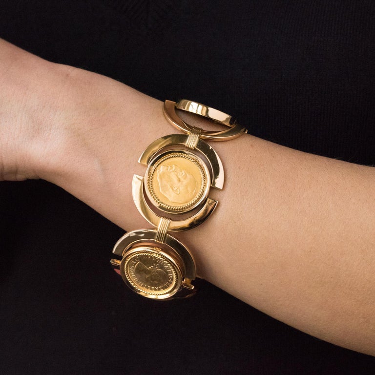 1960s Retro 18 Karat Yellow Gold Coins Bracelet at 1stDibs