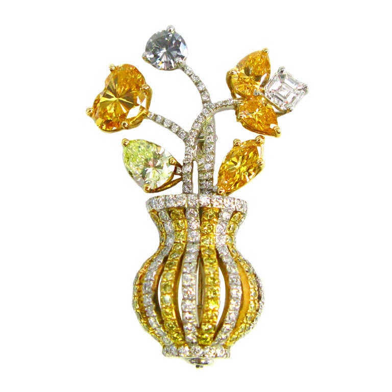 Natural Fancy Color Diamond Floral Design Pin For Sale at 1stDibs