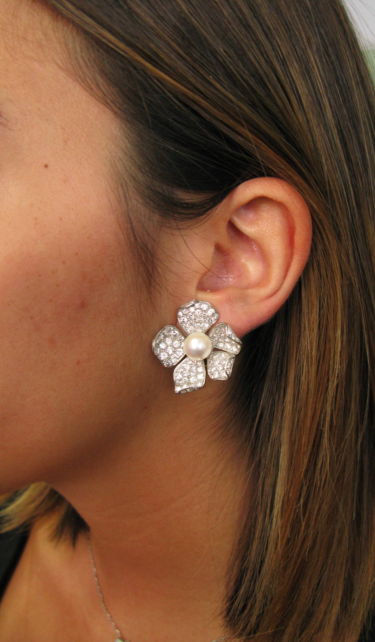 Pearl Diamond Platinum Flower Motif Ear Clips at 1stDibs