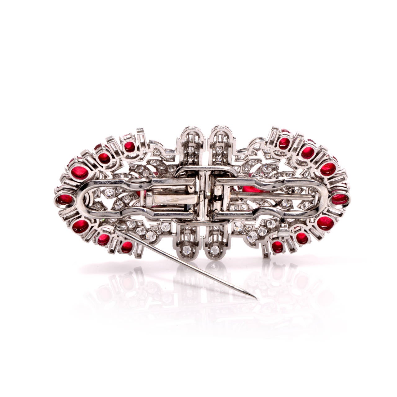 Art Deco Burma Ruby Platinum Diamond Double-Clip Brooch pin at 1stDibs