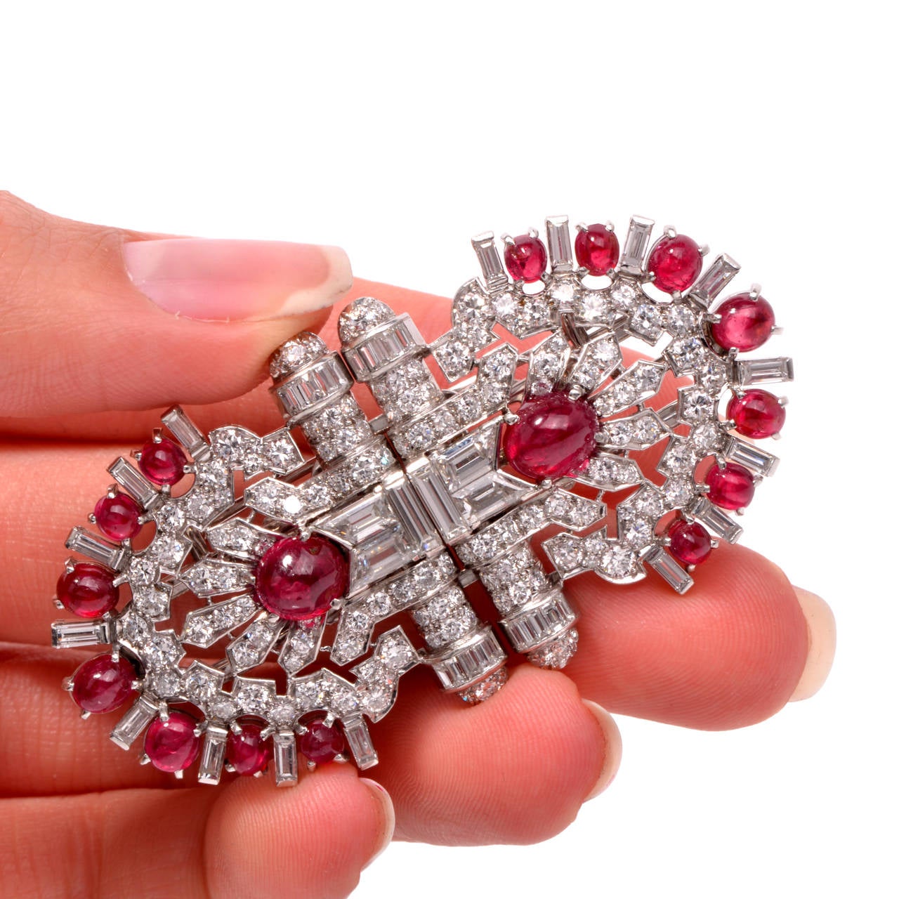 Art Deco Burma Ruby Platinum Diamond Double-Clip Brooch pin at 1stDibs
