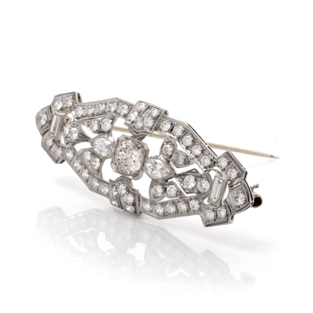 Diamond Platinum Pin Brooch For Sale at 1stDibs