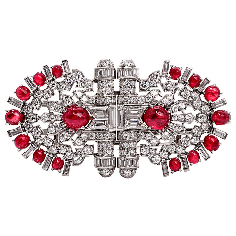 Art Deco Burma Ruby Platinum Diamond Double-Clip Brooch pin at 1stDibs