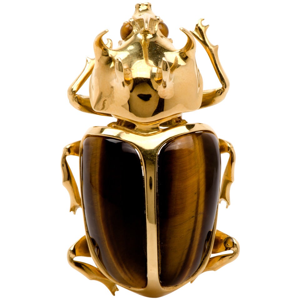 Garavelli Tiger Eye Gold Beetle Brooch Pin at 1stDibs