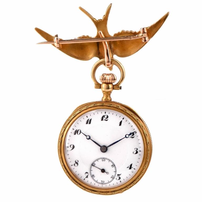 Antique Victorian Lady's Pocket Watch and Detachable Gold Bird Pin at ...
