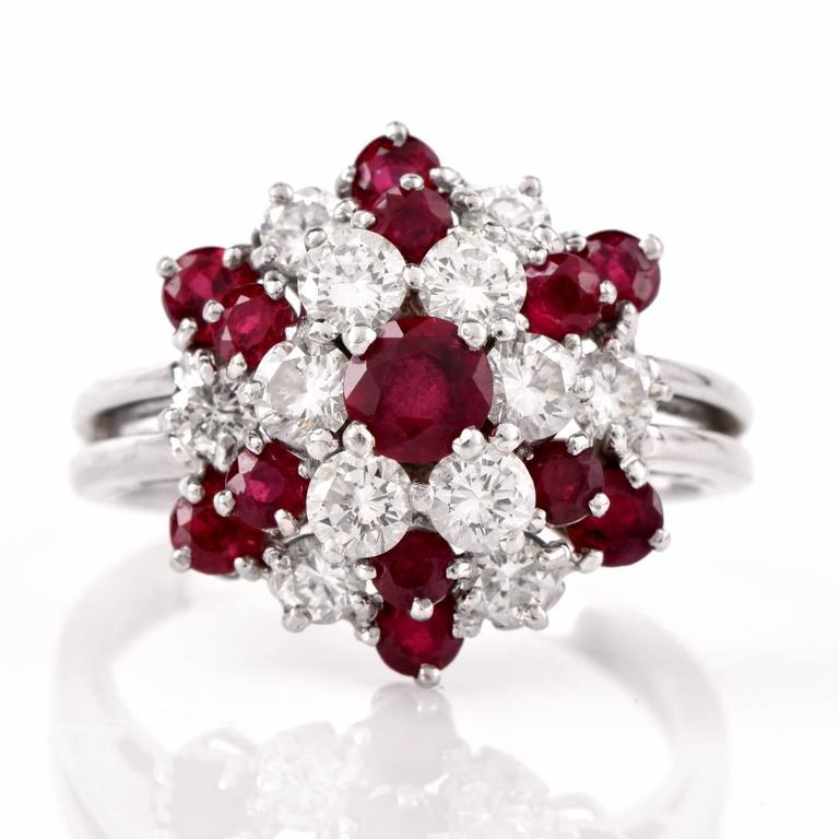 Ruby Diamond Platinum Cluster Dome Ring at 1stDibs