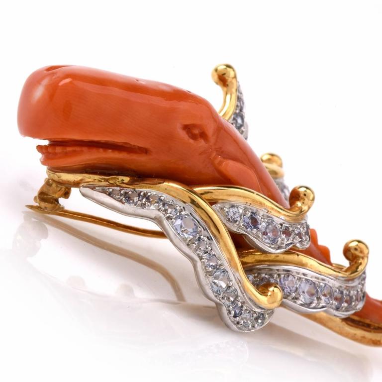 1980 Coral Diamond Gold Whale Pin Brooch at 1stDibs