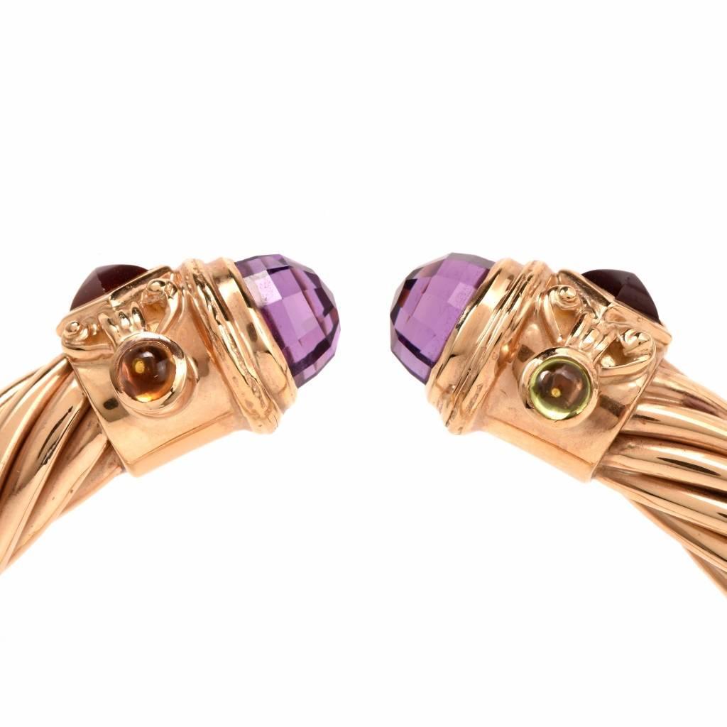 Multi Gem Gold Twisted Rope Wire Cuff Bangle Bracelet For Sale at 1stdibs