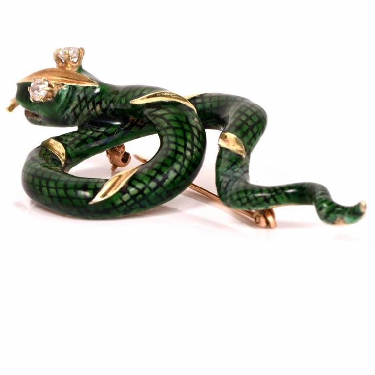 1950s Enamel Diamond Gold Snake Brooch Pin For Sale at 1stDibs