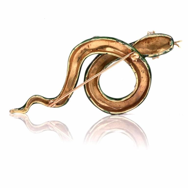 1950s Enamel Diamond Gold Snake Brooch Pin For Sale at 1stDibs
