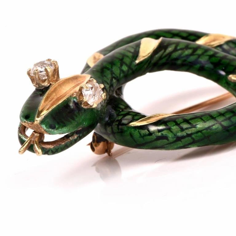 1950s Enamel Diamond Gold Snake Brooch Pin For Sale at 1stDibs