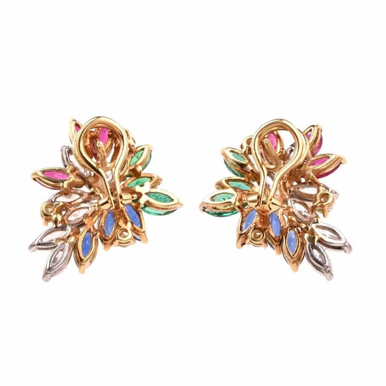 Multi-Gem Ruby Emerald Sapphire Diamond Gold Cluster Earrings at ...