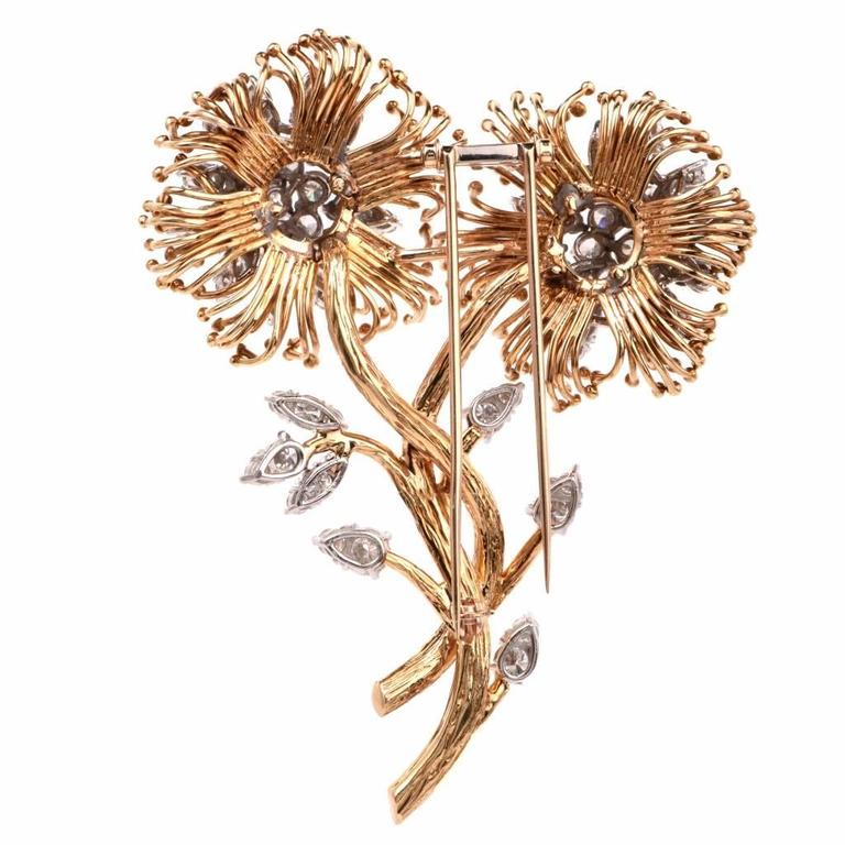 Retro Diamond Gold Flower Brooch Pin For Sale at 1stDibs