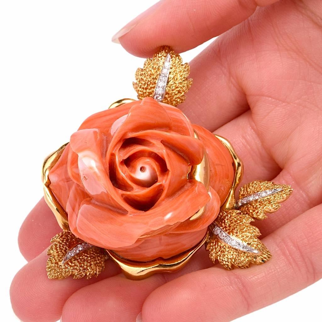 1950s Carved Natural Coral Rose Diamond Gold Brooch Pin For Sale at ...