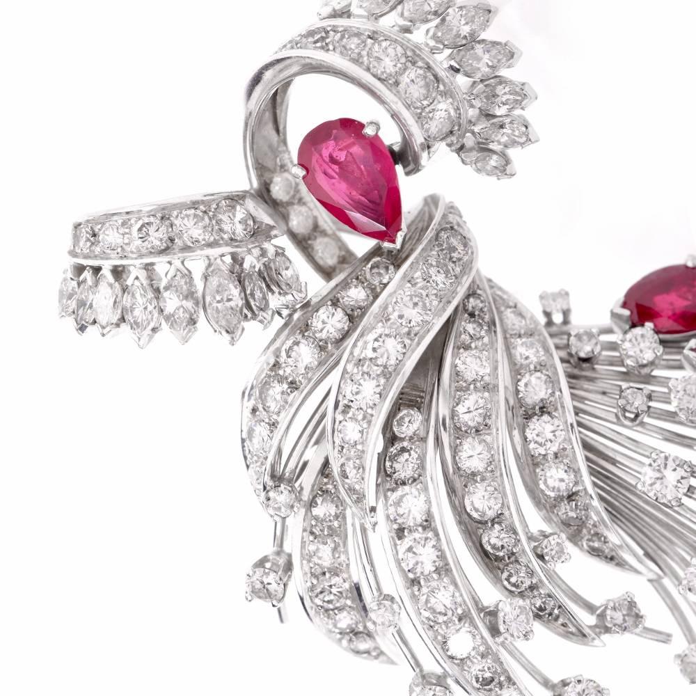 1950s Diamond Ruby Cocktail Pin Brooch For Sale at 1stDibs