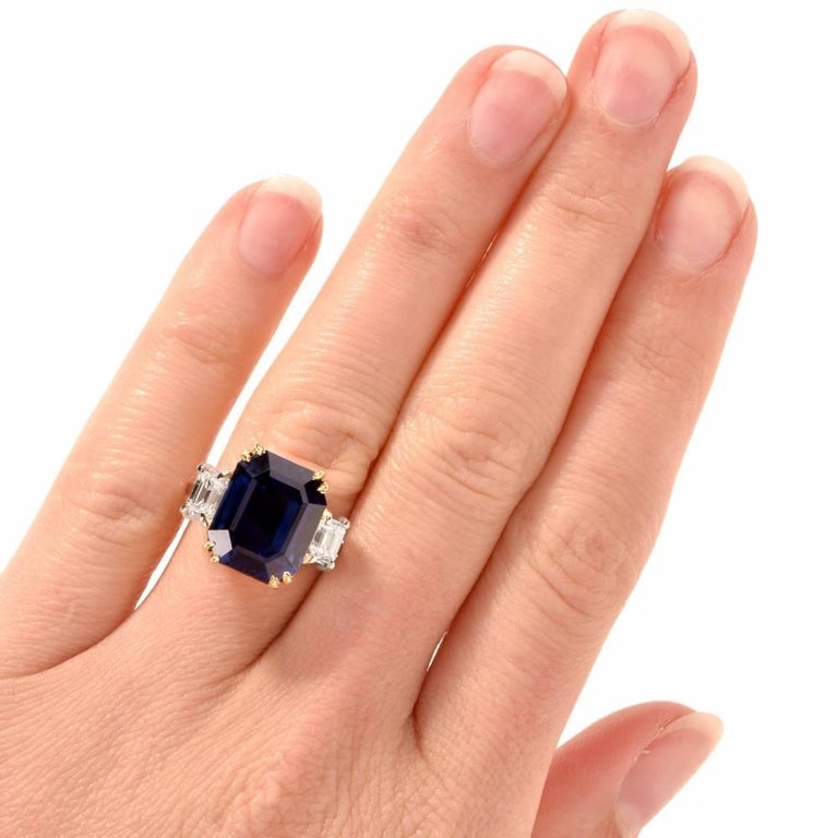 11.88 Carat Emerald-Cut Blue Sapphire Diamond Three-Stone 18 Karat Gold Ring at 1stDibs