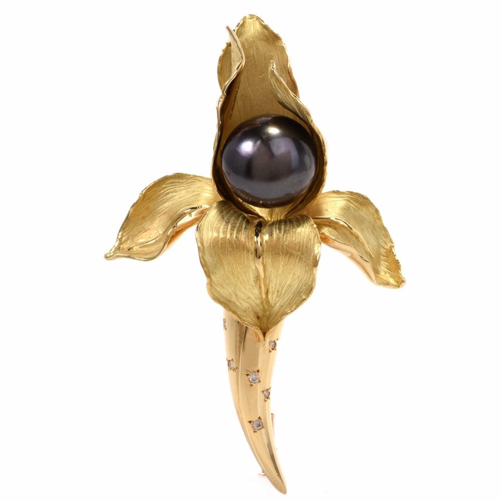 Pearl Gold Orchid Shaped Brooch at 1stDibs