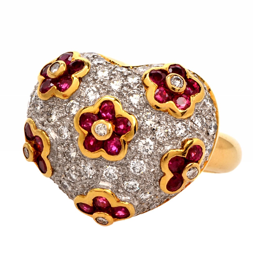 1980's Ruby Pave Diamond Gold Heart Motif Cocktail Ring at 1stDibs